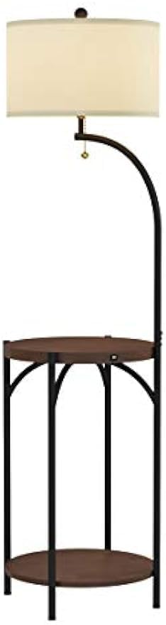 MDYBF Floor Lamp with Table, Modern Rustic Side Table with USB Charging Port, LED Bulb and Drum Shade. (Dark Brown, Black and Off-White)