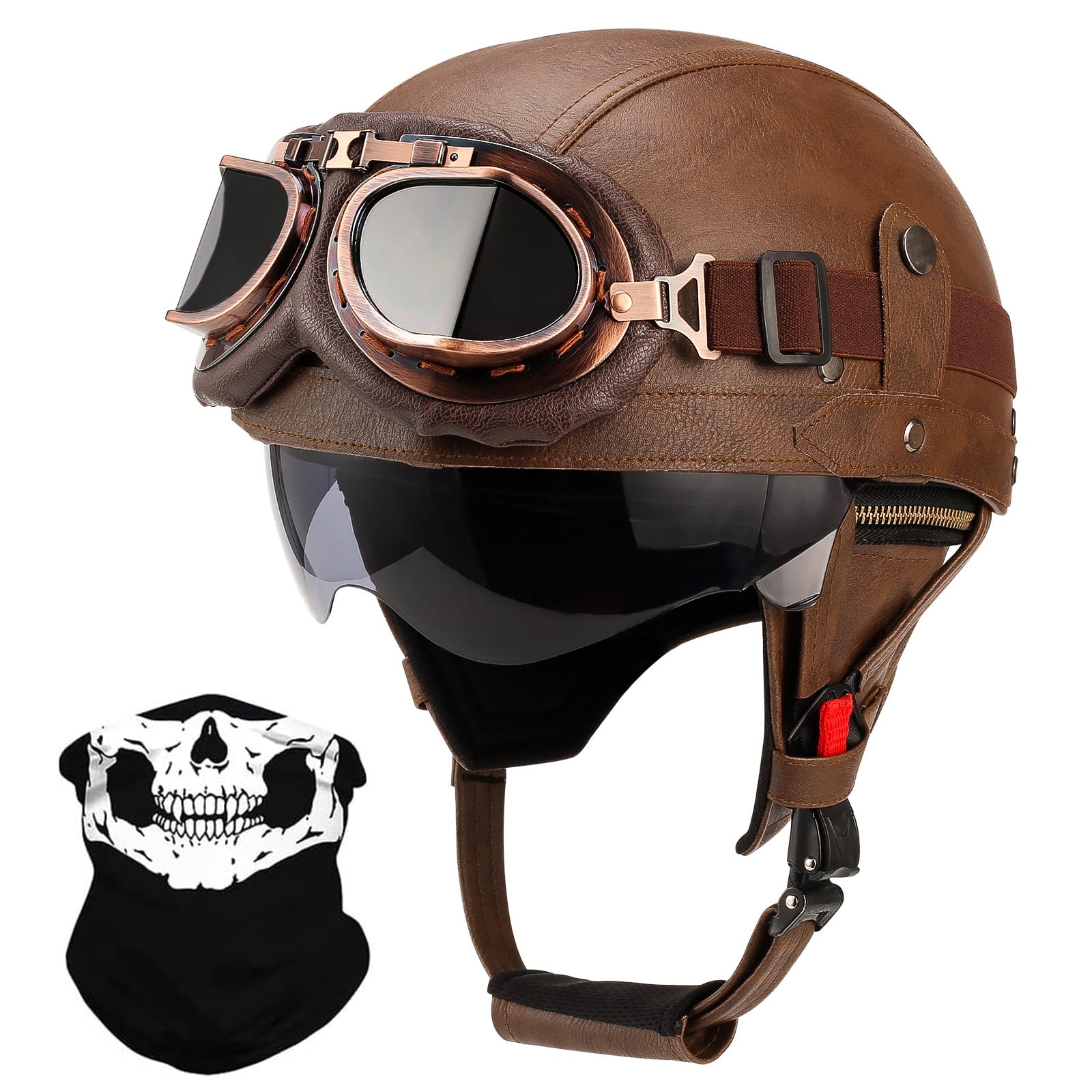 German Style Leather Motorcycle Half Helmet for Adults Men Women, DOT Approved Vintage Cap Half Face Shell Motorcycle Helmets for Cruiser Chopper+Goggles(Brown,‎Large)