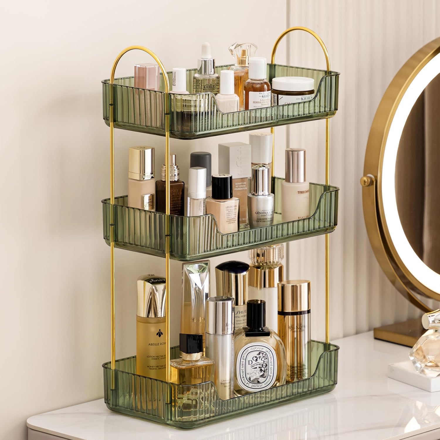 HBlife 3 Tier Bathroom Organizer Countertop, Makeup Organizer Perfume Tray Skincare Organizer for Bathroom, Dresser, Vanity, Green