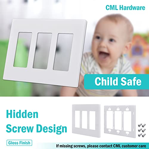 CML 3-Gang Screwless Decorator Wall Plate, 2 Pack Light Switch Covers, Outlet Receptacle Cover, Hidden Screw Smooth Face, Impact Resistant, Standard Size 4.68βX 6.54β, Glossy White