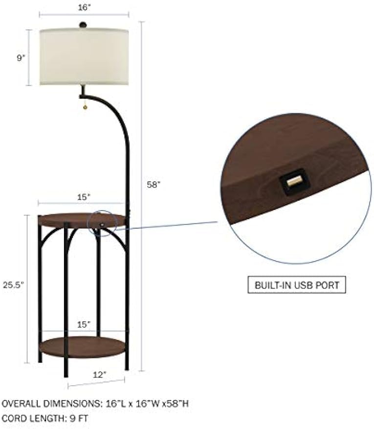 MDYBF Floor Lamp with Table, Modern Rustic Side Table with USB Charging Port, LED Bulb and Drum Shade. (Dark Brown, Black and Off-White)