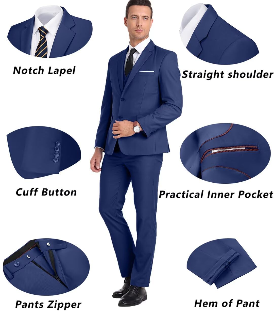 Mens Suit 3 Piece Slim Fit Suits Prom Tuxedo Blazer Dress Business Wedding Jacket Vest & Pants with Tie Navy XL
