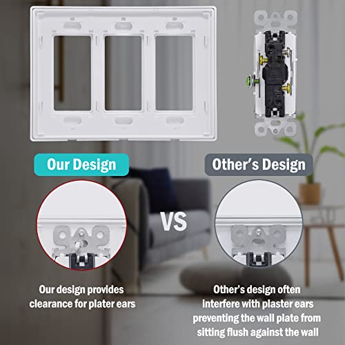 CML 3-Gang Screwless Decorator Wall Plate, 2 Pack Light Switch Covers, Outlet Receptacle Cover, Hidden Screw Smooth Face, Impact Resistant, Standard Size 4.68βX 6.54β, Glossy White