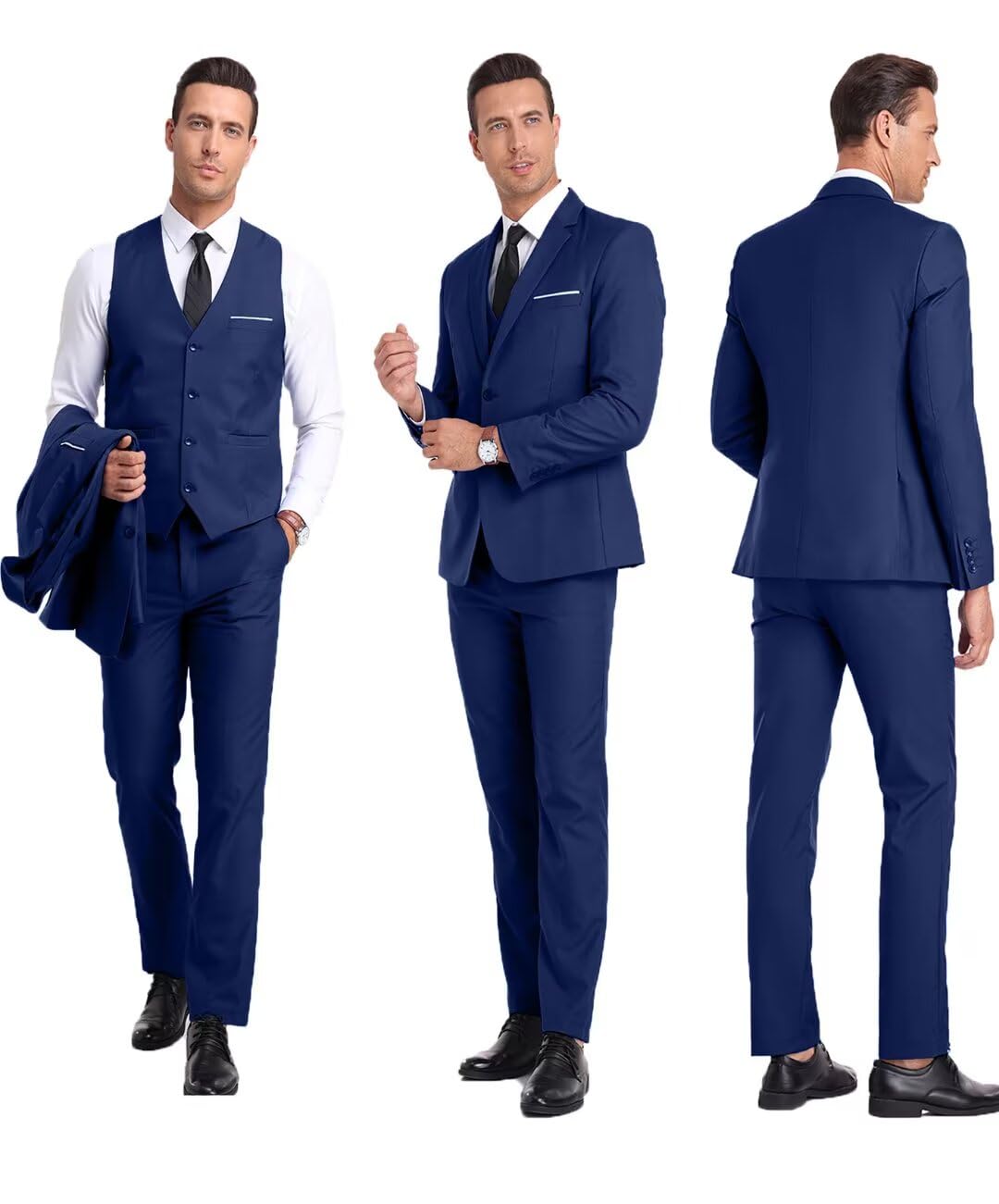 Mens Suit 3 Piece Slim Fit Suits Prom Tuxedo Blazer Dress Business Wedding Jacket Vest & Pants with Tie Navy XL
