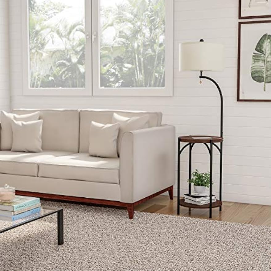 MDYBF Floor Lamp with Table, Modern Rustic Side Table with USB Charging Port, LED Bulb and Drum Shade. (Dark Brown, Black and Off-White)