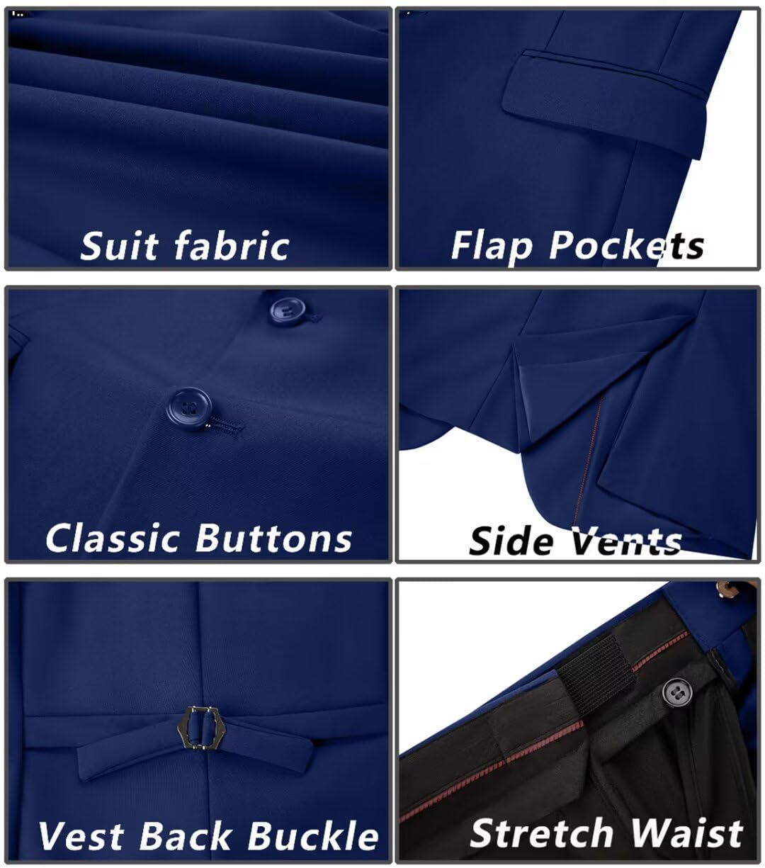 Mens Suit 3 Piece Slim Fit Suits Prom Tuxedo Blazer Dress Business Wedding Jacket Vest & Pants with Tie Navy XL