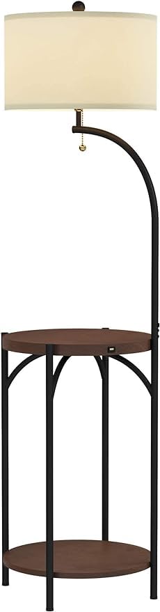 MDYBF Floor Lamp with Table, Modern Rustic Side Table with USB Charging Port, LED Bulb and Drum Shade. (Dark Brown, Black and Off-White)