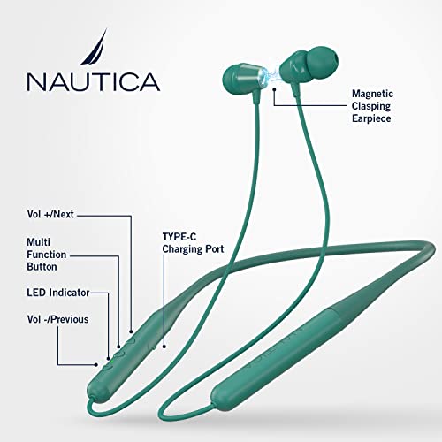 Nautica B310 Sport Wireless Bluetooth Earphones with Type-C Charging Cable, Neckband Earphones Magnetic Earbuds, Bluetooth v5.0 Earphones High Volume Levels, Flexibility, Portable Sweat Proof (Green)