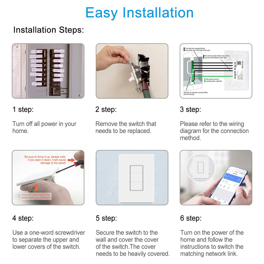 Smart Light Switch, Triple switches WiFi Smart Switch Button, Compatible with Alexa and Google Home, Remote Control with Timing Funtion, No Hub Required,Smart Life APP Provides Control from Anywhere