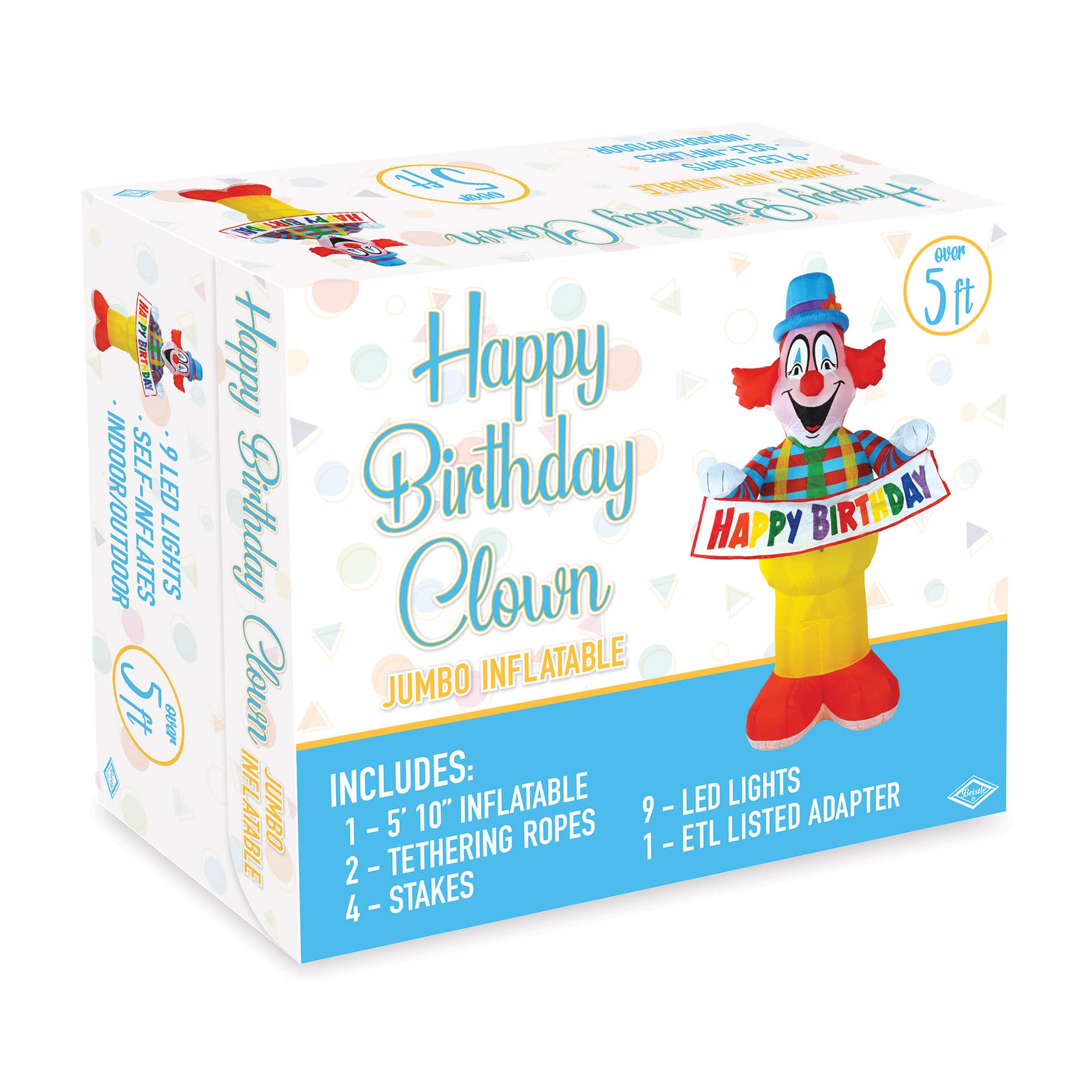 Beistle 5 FT 10 in Light-Up Jumbo Inflatable Clown Happy Birthday Party Decoration with LED Lights Blow Up Yard Decor, Indoor/Outdoor Use