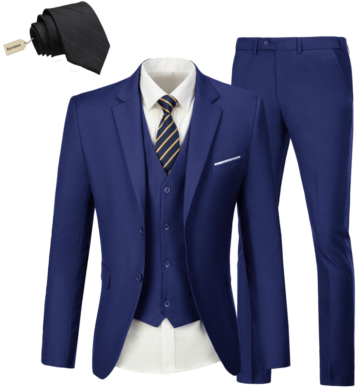 Mens Suit 3 Piece Slim Fit Suits Prom Tuxedo Blazer Dress Business Wedding Jacket Vest & Pants with Tie Navy XL
