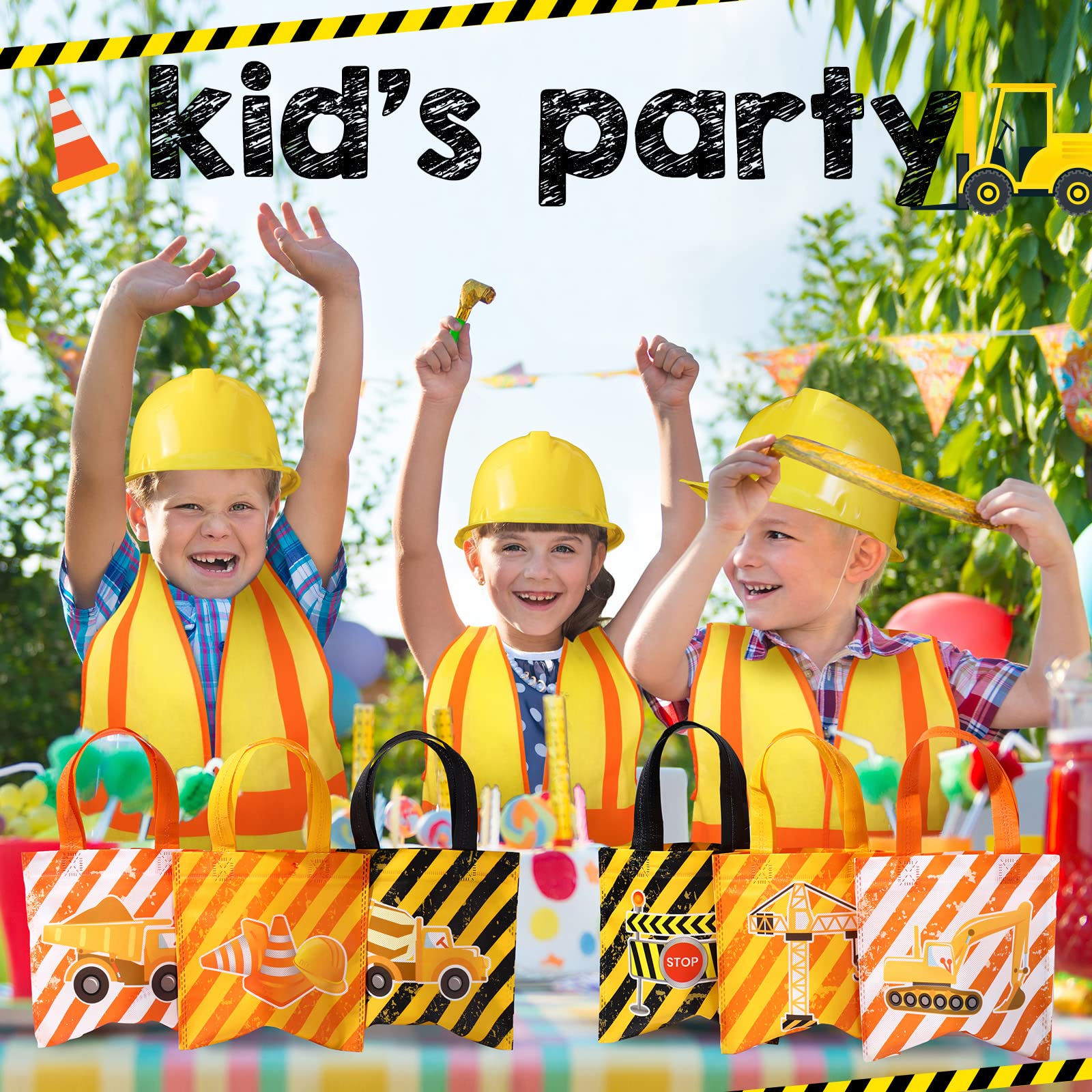 Hercicy 36 Pcs Construction Birthday Party Supplies Dressing up Costume Include 12 Construction Hat 12 Kids Construction Vest 12 Construction Party Goodie Bags for Construction Party Decorations