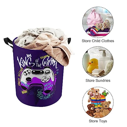 LynaRei Laundry Hamper Cool Game Joystick Small Dirty Clothes Storage Basket Purple Game Doodle Collapsible Waterproof Toy Organizer for Boys And Girls Bedrooms, Bathroom