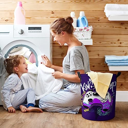LynaRei Laundry Hamper Cool Game Joystick Small Dirty Clothes Storage Basket Purple Game Doodle Collapsible Waterproof Toy Organizer for Boys And Girls Bedrooms, Bathroom