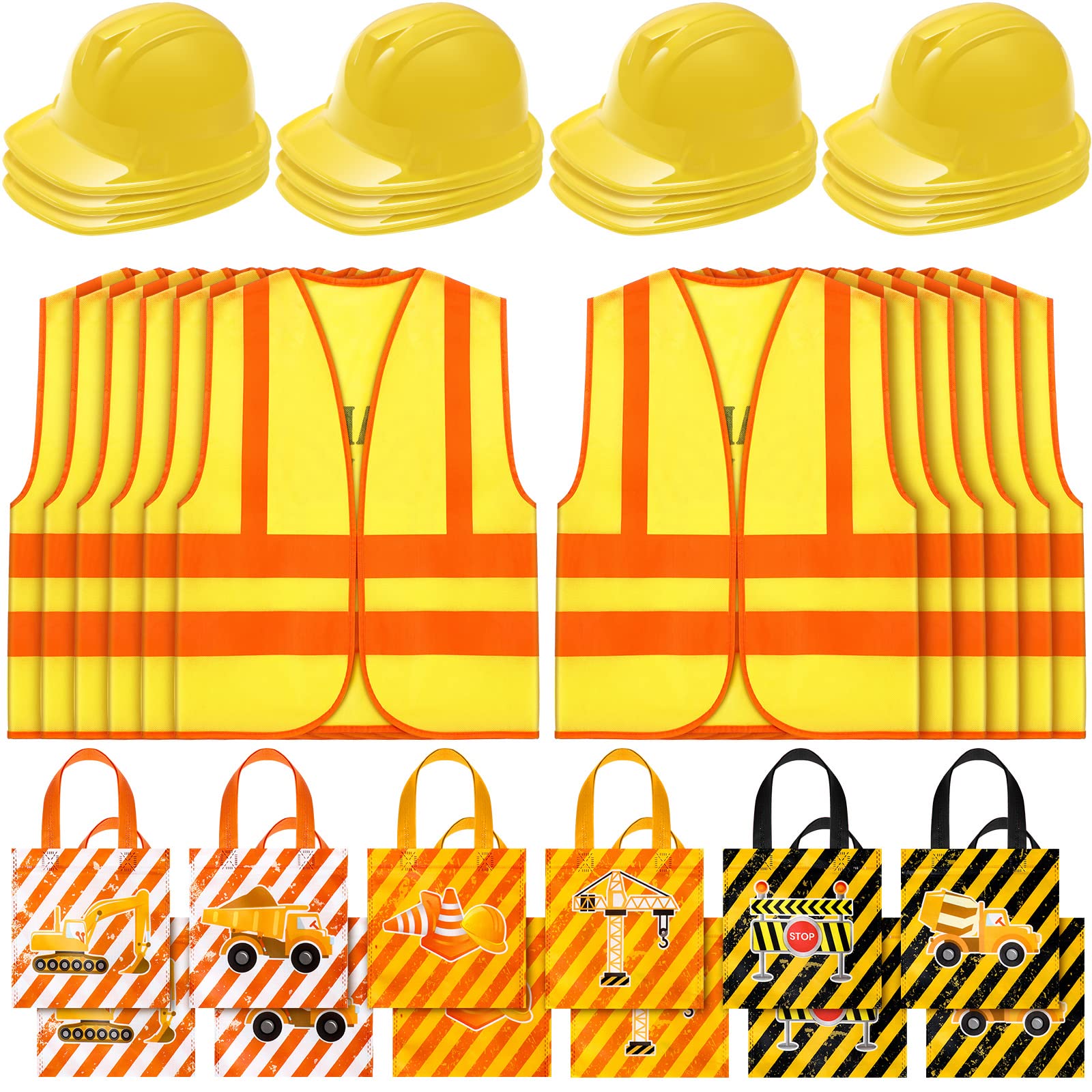 Hercicy 36 Pcs Construction Birthday Party Supplies Dressing up Costume Include 12 Construction Hat 12 Kids Construction Vest 12 Construction Party Goodie Bags for Construction Party Decorations