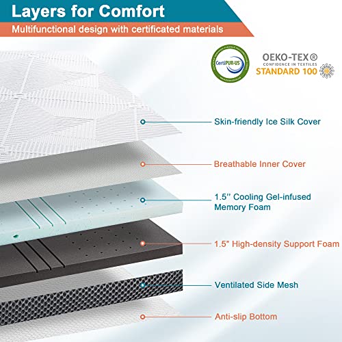 Elviros 3 Inch Gel Memory Foam Mattress Topper Full Size, Adjustable Cooling Bed Topper for Back Pain, Dual Layer Mattress Pad with Removable Cover (Full, Dark Grey)