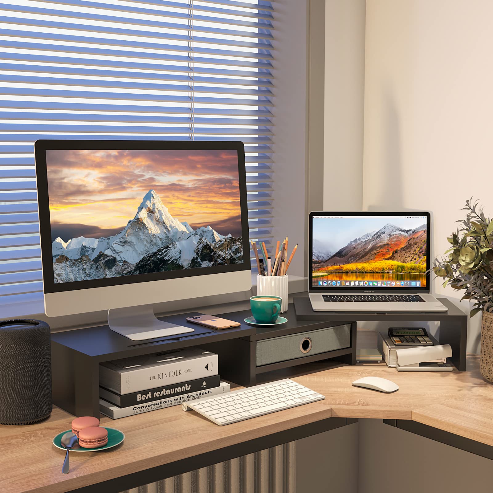 WESTREE Dual Monitor Stand Riser with Drawer, Monitor Stand Riser for 2 Monitors, Adjustable Length and Angle, 2 Solts for Phone & Tablet, Desktop Organizer Stand for Computer/Laptop/PC/Printer