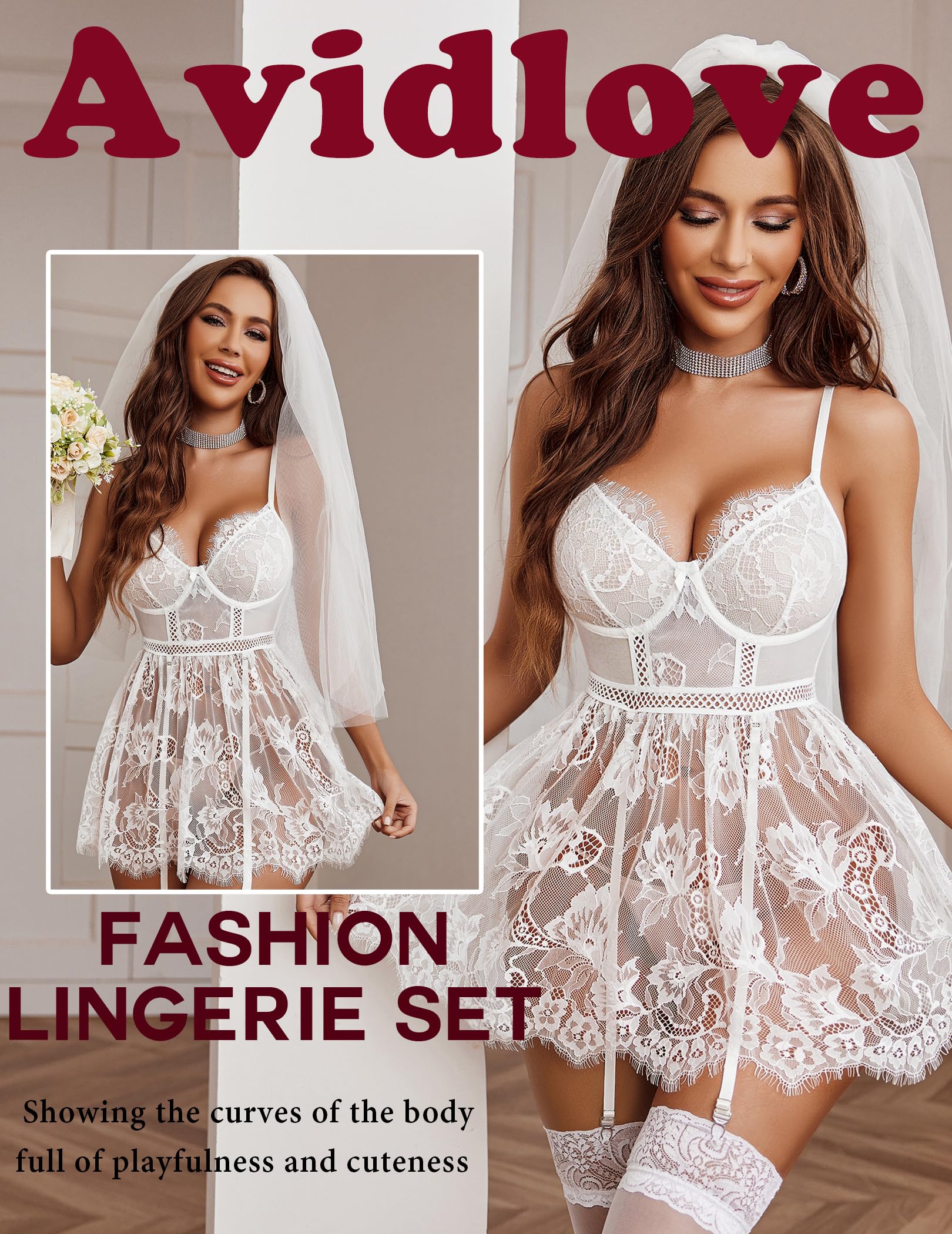 Avidlove White Wedding Lingerie for Women Bridal Lace Strappy Dress (White, Large)