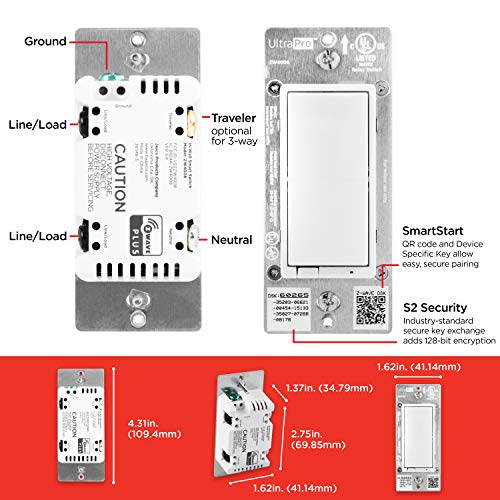 UltraPro Z-Wave Smart Rocker Light Switch with QuickFit and SimpleWire, 3-Way Ready, Works with Alexa, Google Assistant, ZWave Hub Required, Repeater/Range Extender, White Paddle Only, 4-Pack, 54891