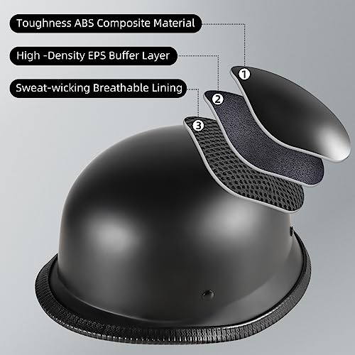 German Style Motorcycle Helmet, Thin Skull Cap Half Helmet for Adult Men Women, Novelty DOT Half Shell Helmet, Retro Half Face Helmet for Cruiser Scooter Chopper, DOT Approved (Matte Black, X-Large)