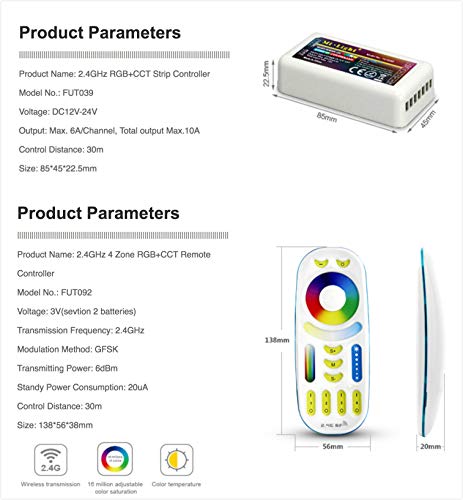 LED Strip Lights Mi-Light FUT039 RGB+CCT LED Strip Lights 4 PCS and One FUT092 Remote Controller(4*FUT039+Remote)