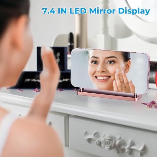 Poeroa RGB Alarm Clock,7.4” LED Mirror Digital Clocks Large Display,with Night Light,USB C Charger Port,Auto Dimmer,Modern Desk Clock for Bedroom Home Office Decor - Rose Gold