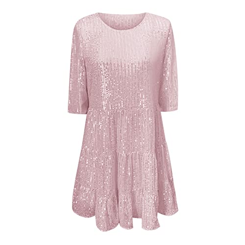 Cnebo A Line Dresses for Women Wedding Guest Ladies Sequin Sequins Round Neck Short Sleeves Big Swing Cute Dress Red
