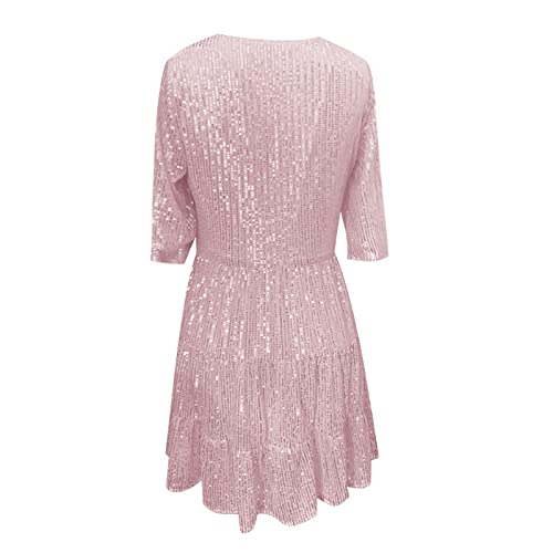 Cnebo A Line Dresses for Women Wedding Guest Ladies Sequin Sequins Round Neck Short Sleeves Big Swing Cute Dress Red