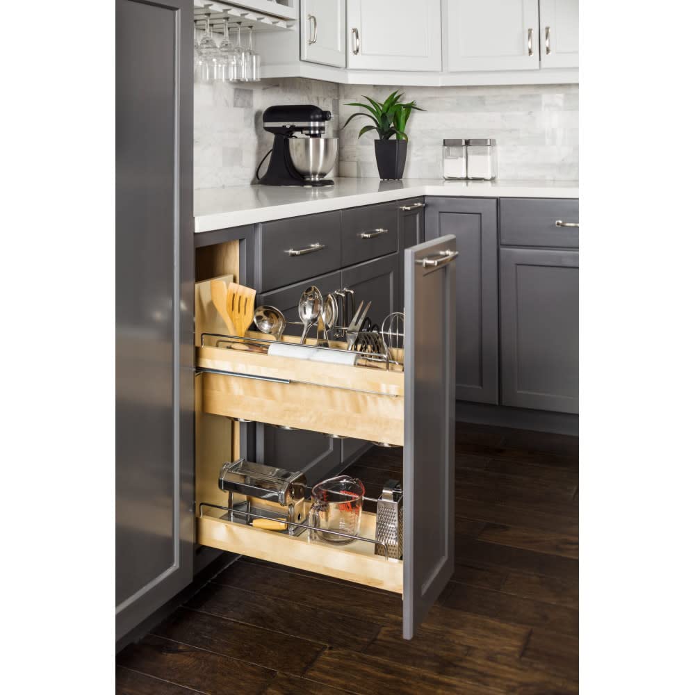 Hardware Resources 8.5" Base Cabinet Soft-Close Pullout Utensil Organizer with Patented "No Wiggle" Technology to Eliminate Rocking, Pre-Assembled with Steel Bins for 12" Base Cabinets