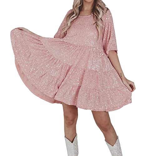 Cnebo A Line Dresses for Women Wedding Guest Ladies Sequin Sequins Round Neck Short Sleeves Big Swing Cute Dress Red