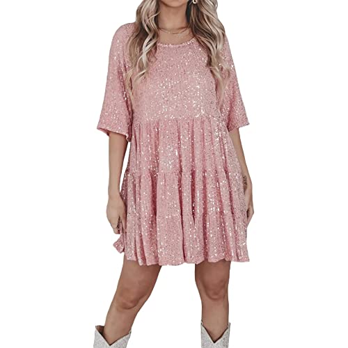 Cnebo A Line Dresses for Women Wedding Guest Ladies Sequin Sequins Round Neck Short Sleeves Big Swing Cute Dress Red
