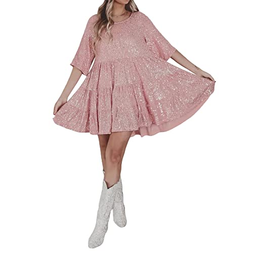 Cnebo A Line Dresses for Women Wedding Guest Ladies Sequin Sequins Round Neck Short Sleeves Big Swing Cute Dress Red