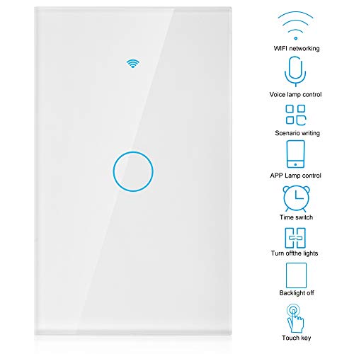 WiFi Touch Screen Switch, Remote Switch with Highly Sensitive Touch Keys, Suitable for Alexa Google, 1-Way AC(White)