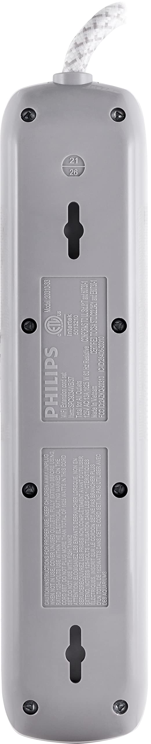 Philips Surge Protector Power Strip, 3 Outlet Surge Protector, 4 Ft Braided Cord Power Strip, Smart Power Strip Surge Protector, 3-Prong Flat Plug Power Strip, Surge Protector Outlet, White, SPC9034WB