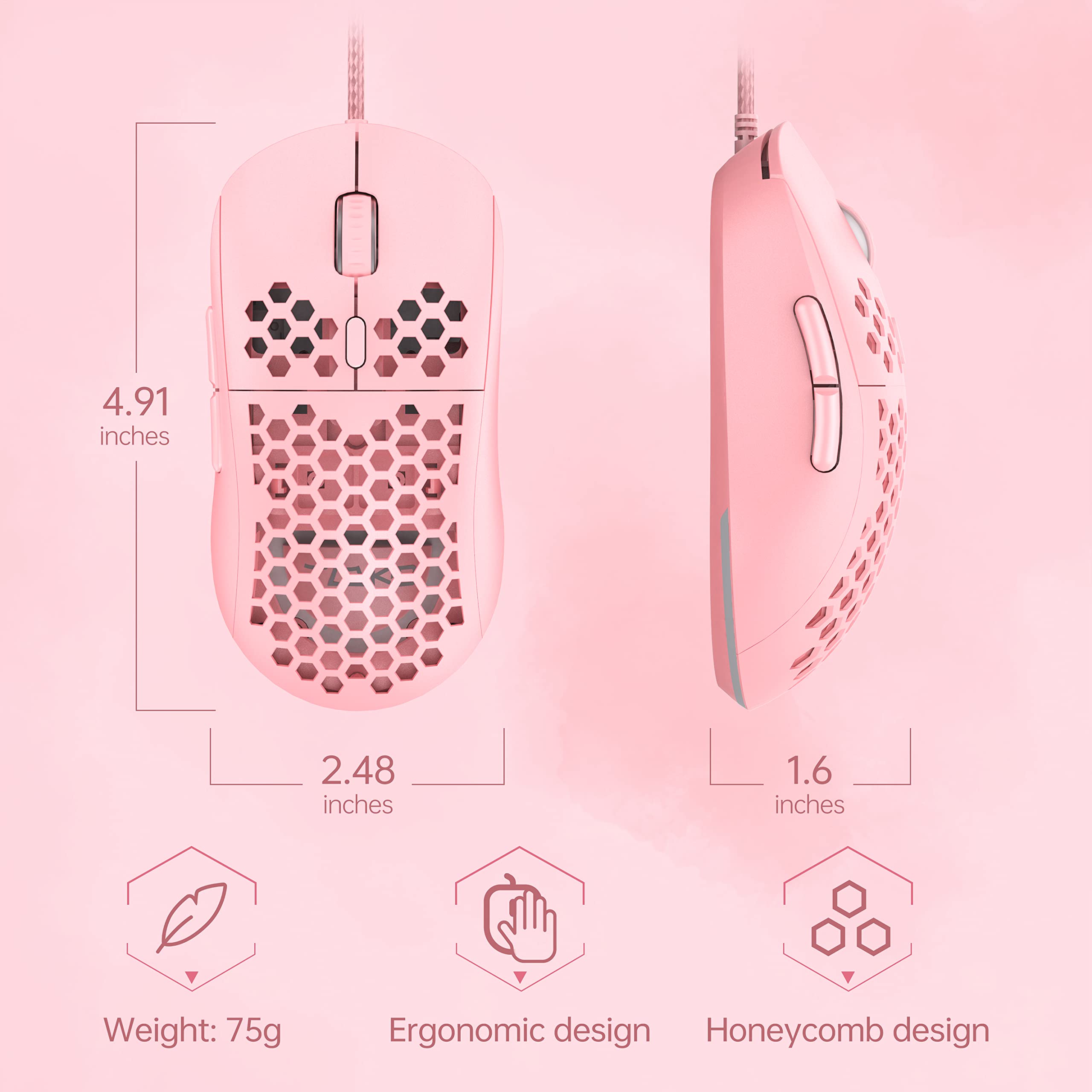 DIERYA M1SE Wired Gaming Mouse with Honeycomb Shell, 12800DPI Optical Sensor, 6 Programmable Macros, Software Support for Custom Key Config, and RGB Settings for Windows 7/8/10/XP, Vista, Linux-Pink