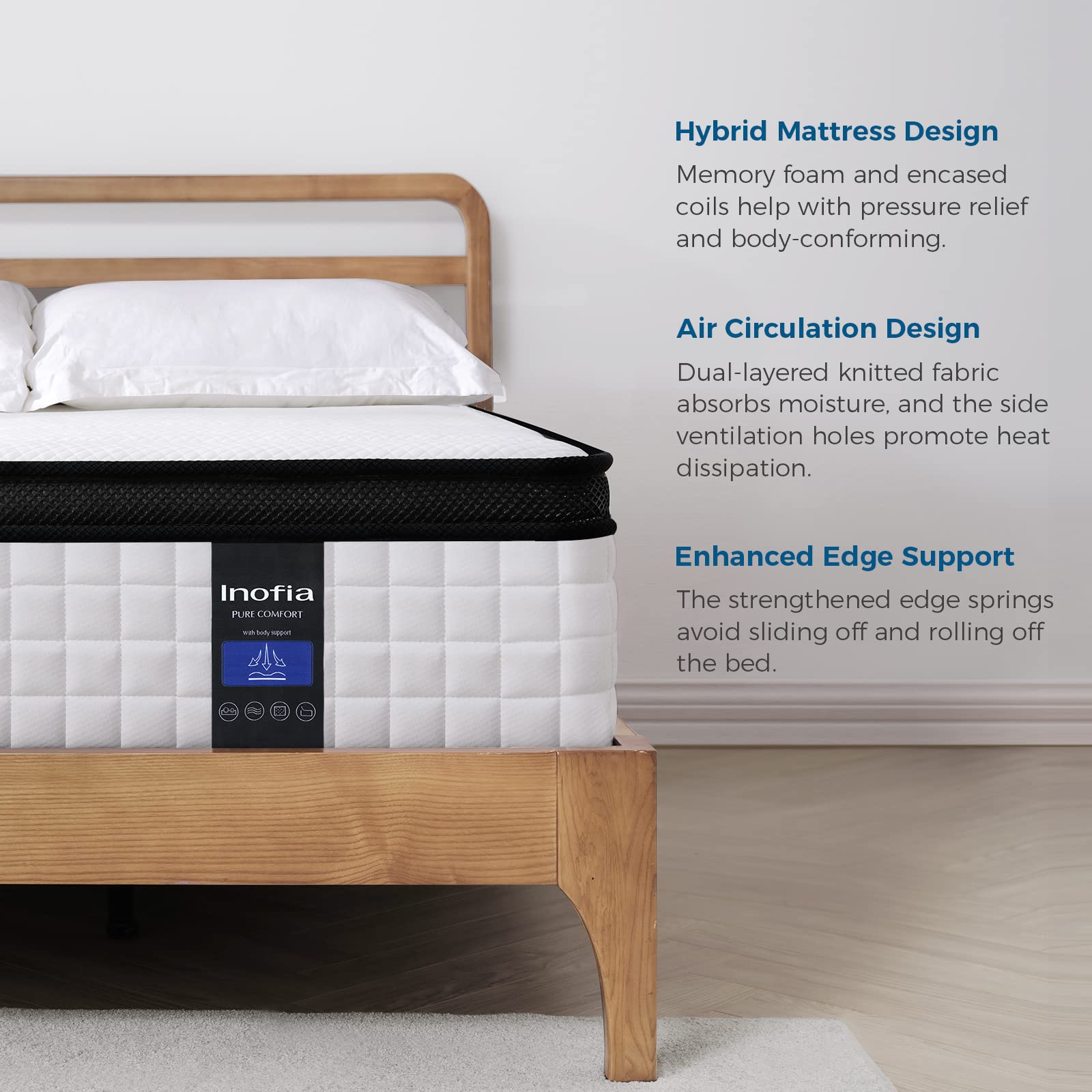 Inofia Full Mattress 12 inch - Hybrid Full Size Mattress Cool Bed with Waterproof Rayon Mattress Protector Included, Medium Firm Feel, Motion Isolation, 101 Nights Trial