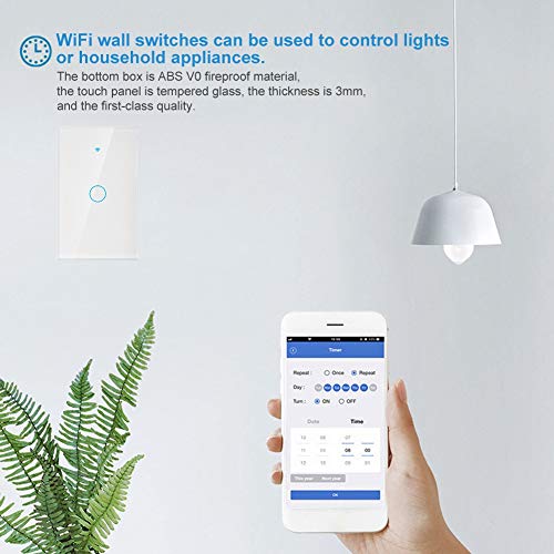 WiFi Touch Screen Switch, Remote Switch with Highly Sensitive Touch Keys, Suitable for Alexa Google, 1-Way AC(White)
