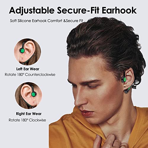 Open Ear Earbud Bluetooth Single Bone Conduction Wireless Headphones with Earhooks Microphone Earphones Waterproof Earpiece for Workout Sports Running Android iPhone Non Ear Plug Green