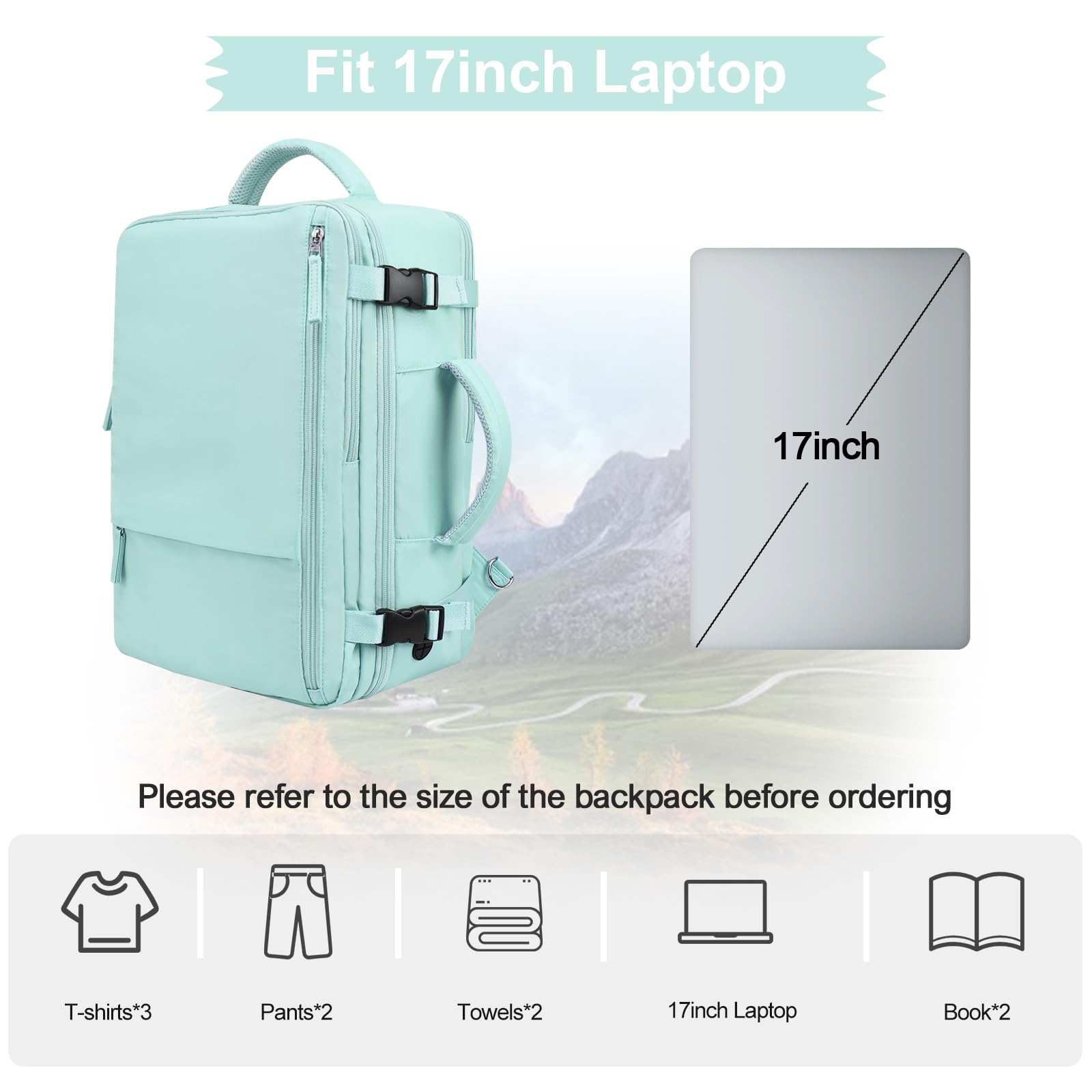 Hanples Travel Backpack for Women as Person Item Flight Approved, Large Carry On Backpack, 17.3 Inch Laptop Backpack, Waterproof Backpack, Hiking Backpack, Casual Bag (Mint Green)