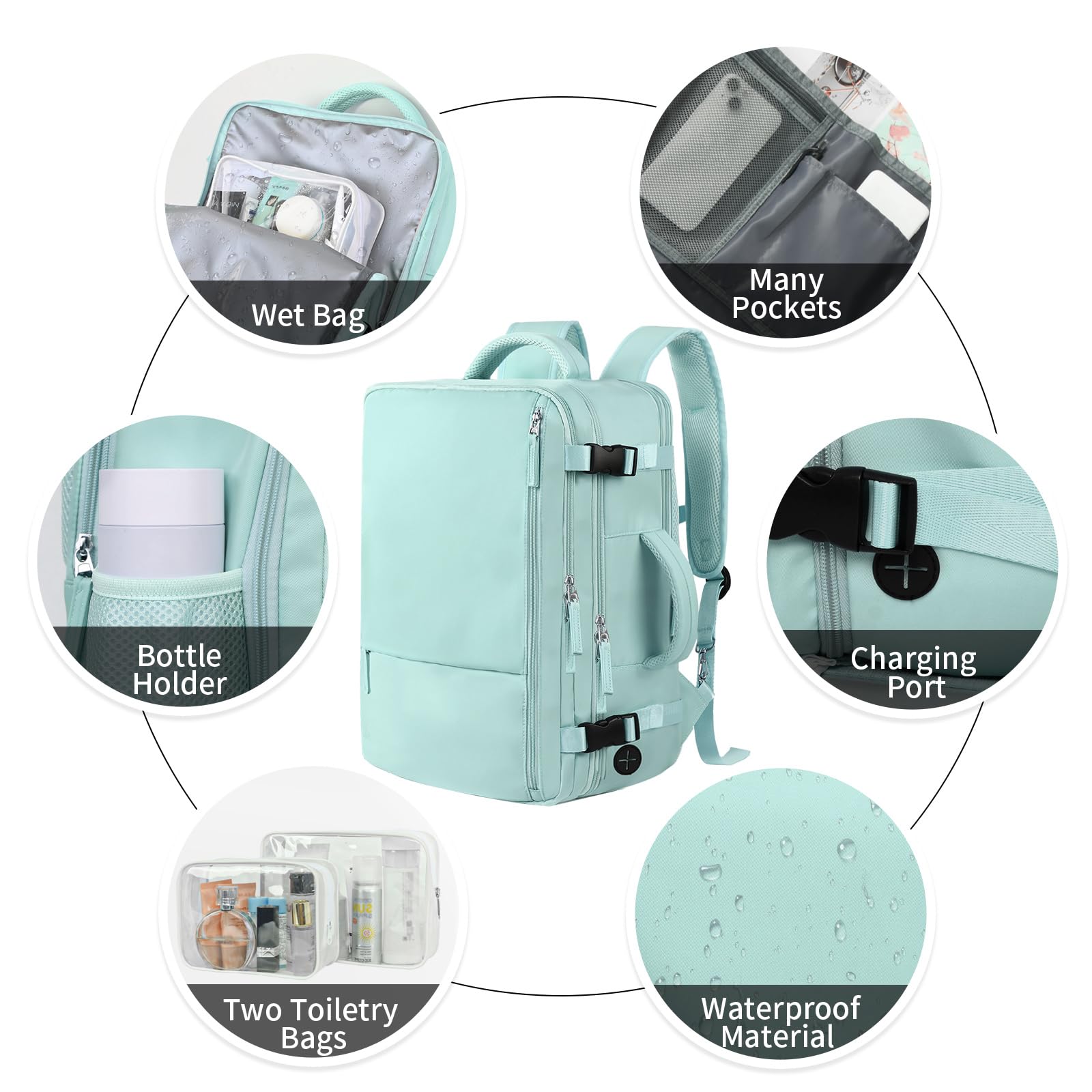 Hanples Travel Backpack for Women as Person Item Flight Approved, Large Carry On Backpack, 17.3 Inch Laptop Backpack, Waterproof Backpack, Hiking Backpack, Casual Bag (Mint Green)