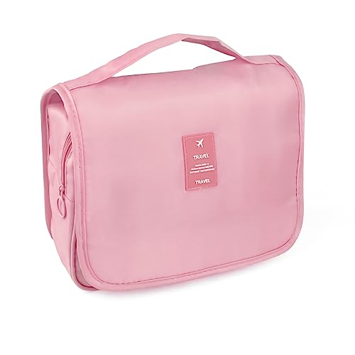 Aosivm Hanging toiletry bag for Women,makeup travel bag,with Jewelry Organizer Compartment,Large Cosmetic Bag Travel Organizer for Bathroom Shower Accessories (pink, Large)