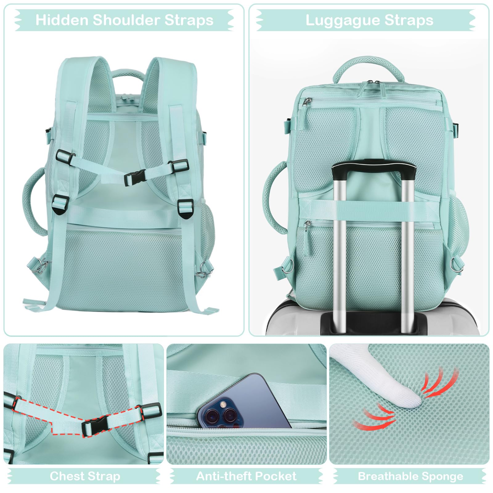 Hanples Travel Backpack for Women as Person Item Flight Approved, Large Carry On Backpack, 17.3 Inch Laptop Backpack, Waterproof Backpack, Hiking Backpack, Casual Bag (Mint Green)