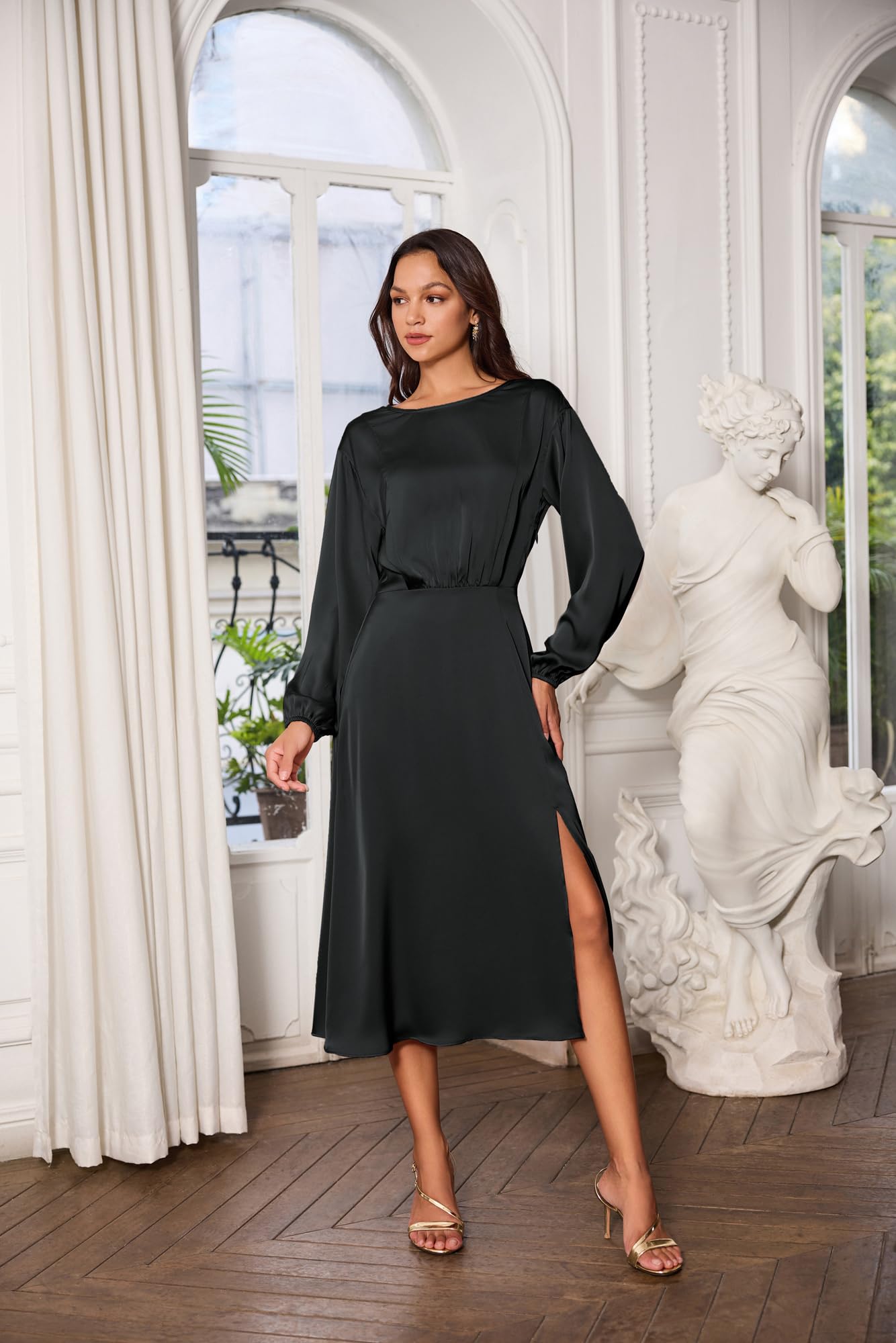 GRACE KARIN Long Sleeve Satin Midi Dress Fall Wedding Guest Dresses with Slit High Waist A-Line Midi Dress Solid Color Black S