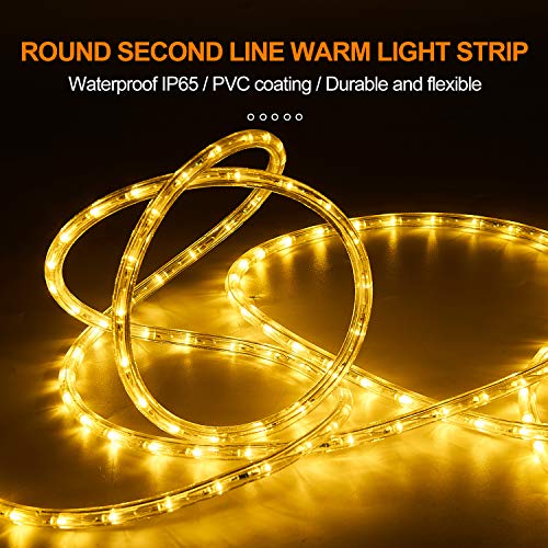 JINJUER LED Rope Lights, 50ft/15M Warm White Strip Lights with Clear PVC Jacket, Connectable and Flexible, Waterproof for Indoor Outdoor use, 110V Plugin Tape Lighting with High Brightness 450 LEDs
