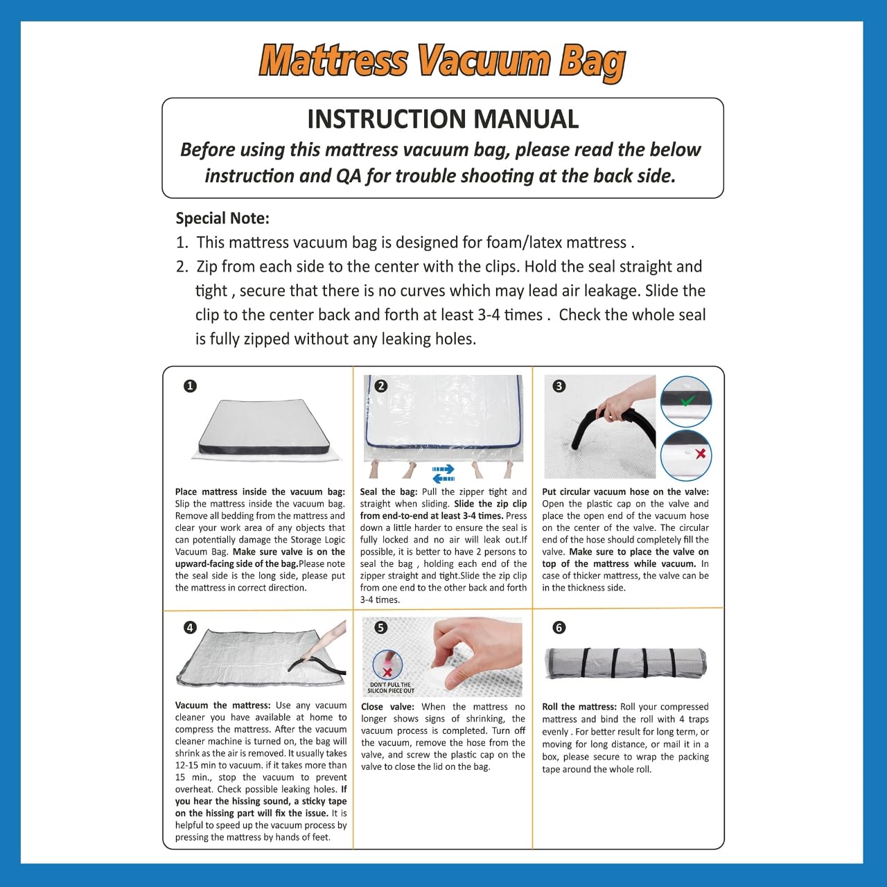 Foam Mattress Vacuum Bag (Queen/Full/Full XL) with Straps and 5 Name Tag Stickers, Moving, Sealable Bag for Mattresses, Double Zip and Leakproof Valve