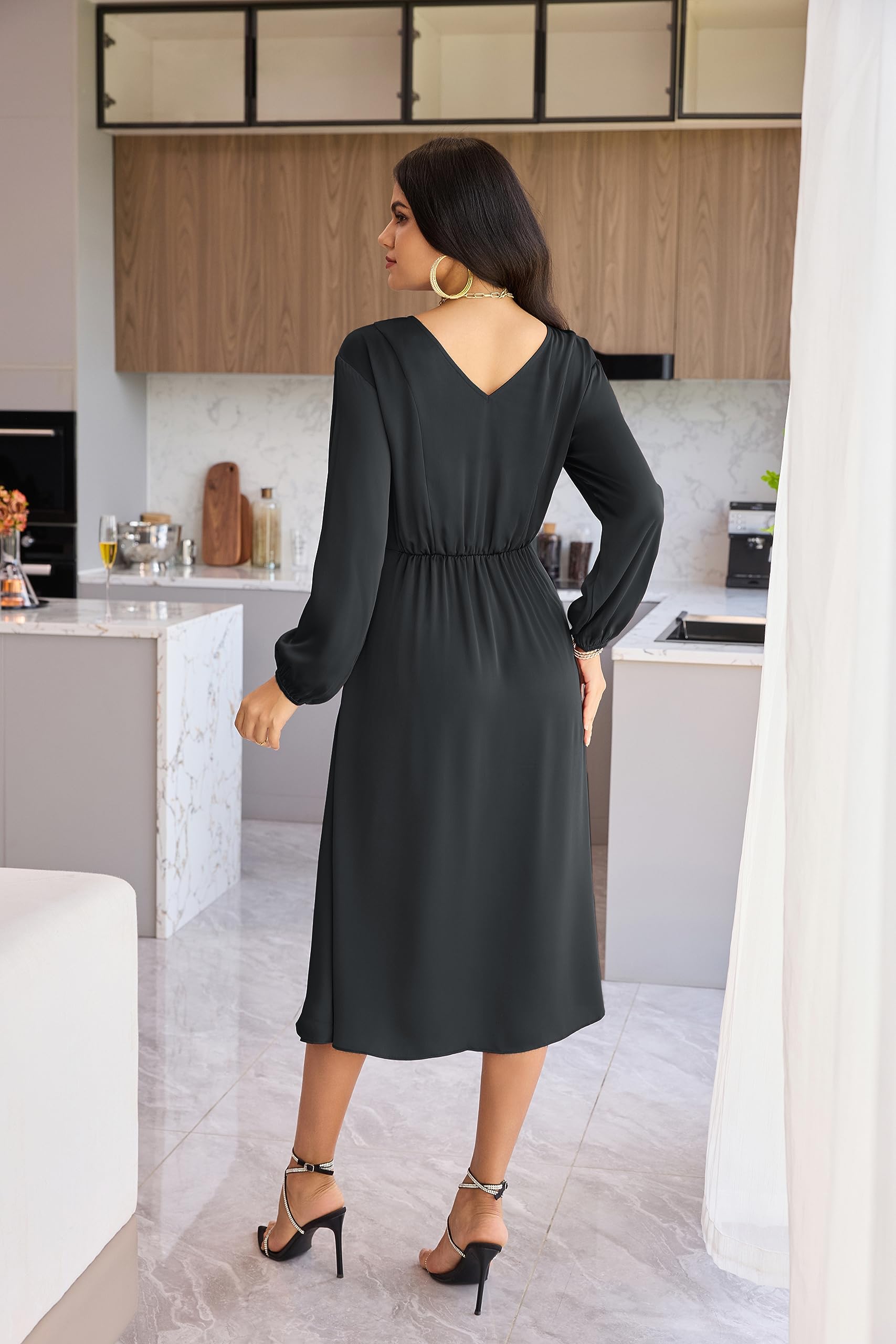 GRACE KARIN Long Sleeve Satin Midi Dress Fall Wedding Guest Dresses with Slit High Waist A-Line Midi Dress Solid Color Black S