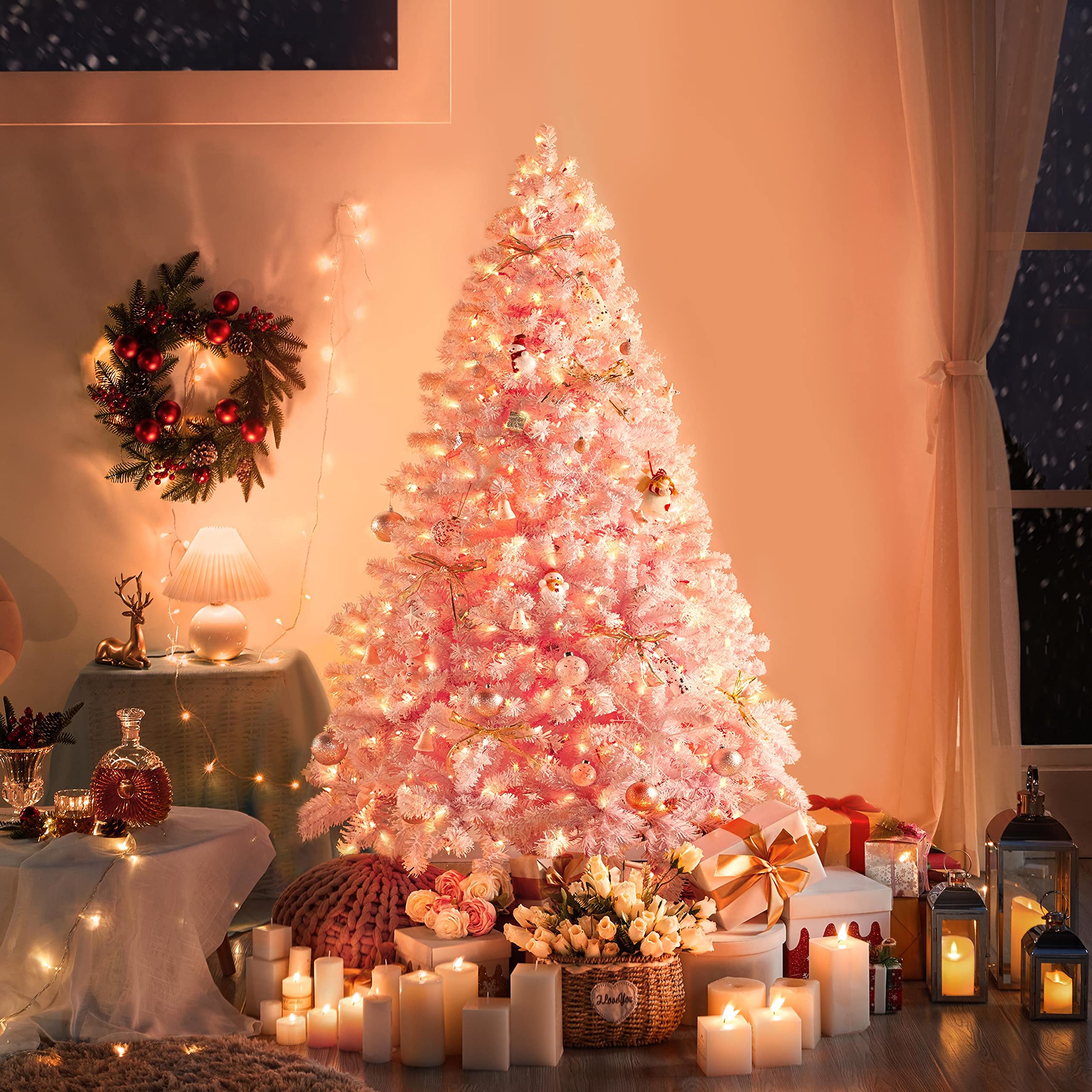 Yaheetech 4.5ft Pre-lit Artificial Christmas Tree with Incandescent Warm White Lights, Snow Flocked Full Prelighted Xmas Tree with 340 Branch Tips, 150 Incandescent Lights & Foldable Stand, Pink