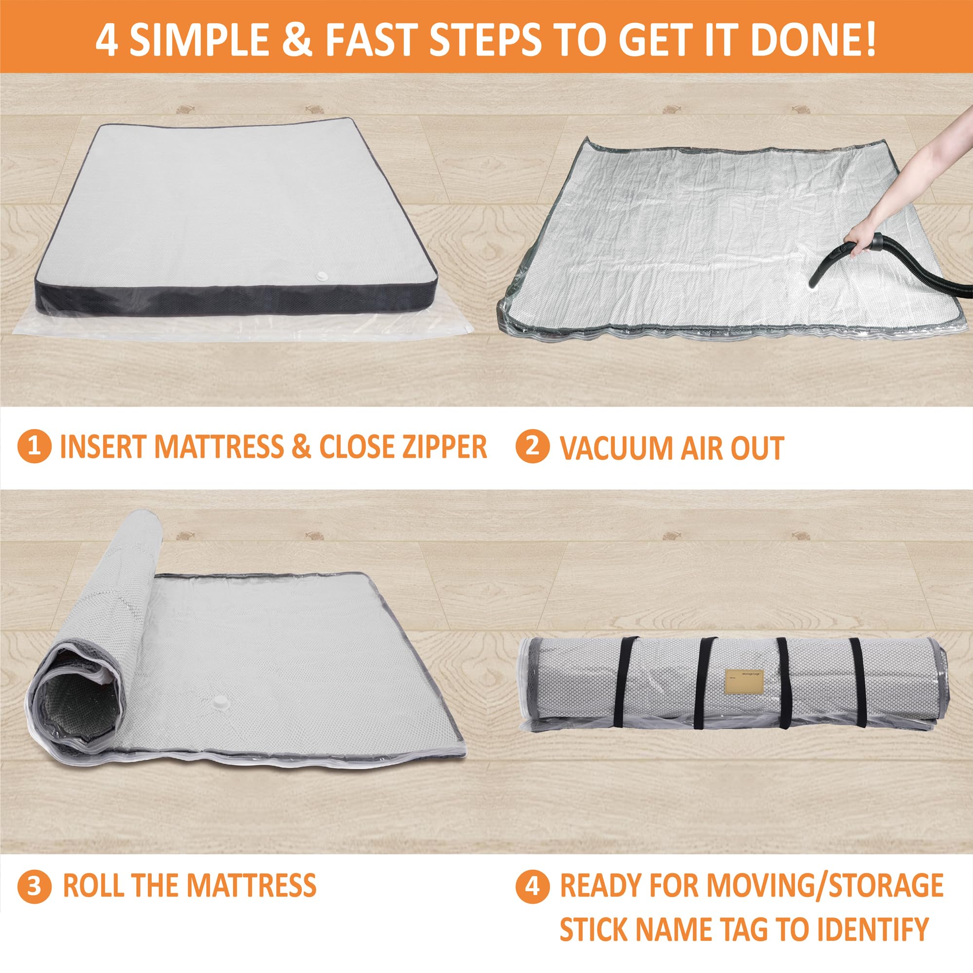 Foam Mattress Vacuum Bag (Queen/Full/Full XL) with Straps and 5 Name Tag Stickers, Moving, Sealable Bag for Mattresses, Double Zip and Leakproof Valve