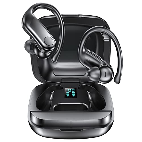fojepp Wireless Earbuds, 88H Playtime Bluetooth Earbuds Built in Noise Cancellation Mic Charging Case and Digital Display, Earhooks Over Ear Sports Running Workout iOS Android TV Phone Laptop
