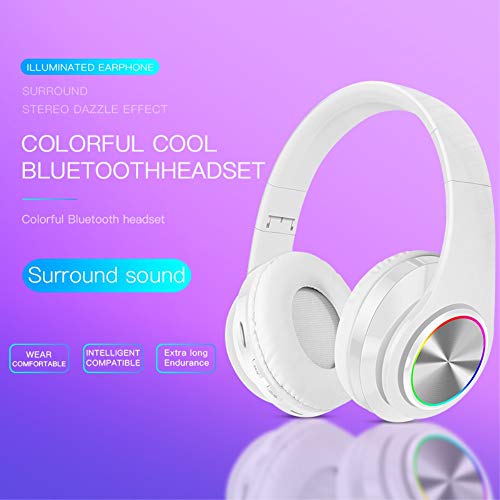 Amazing 7 LED Bluetooth Headphones with 8Hours Playtime, Wireless Headsets Over Ear, Hi-Fi Stereo, Multi-Colored Breathing Led, Built-in Mic, Snug Fit Earphones for Game Video DJ (White)